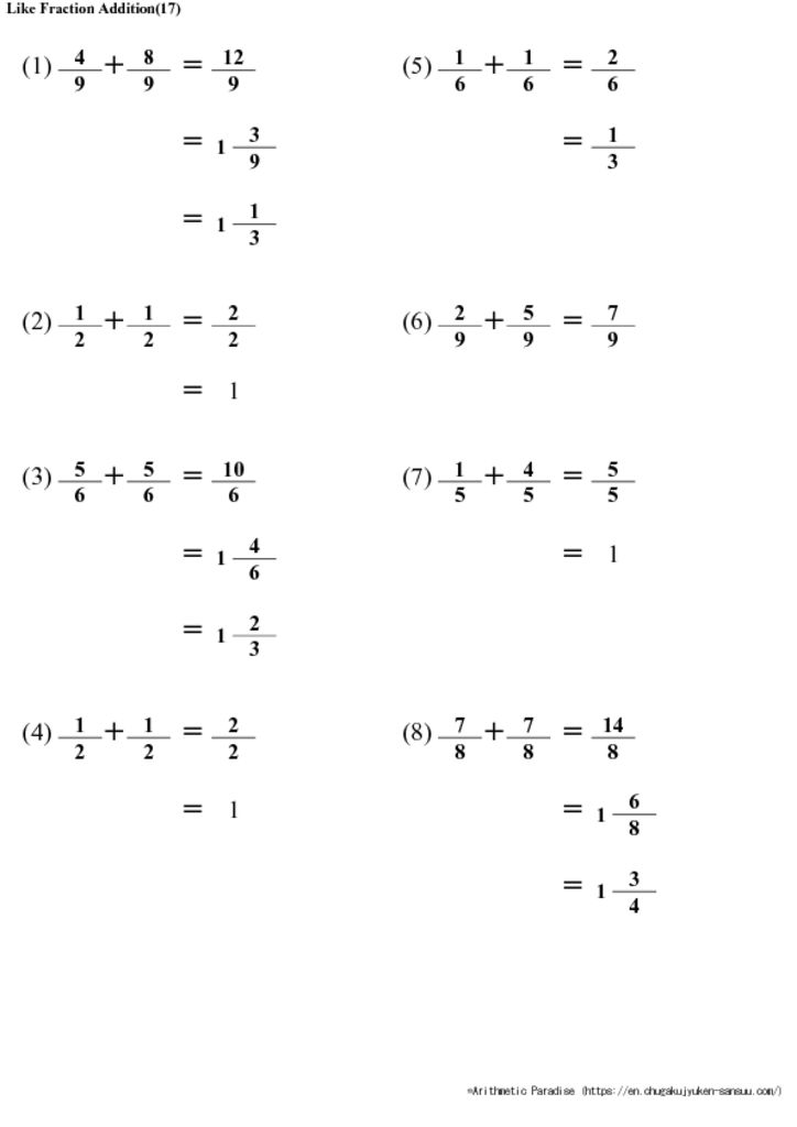Like Fractions Addition Worksheets – free & printable | Arithmetic Paradise