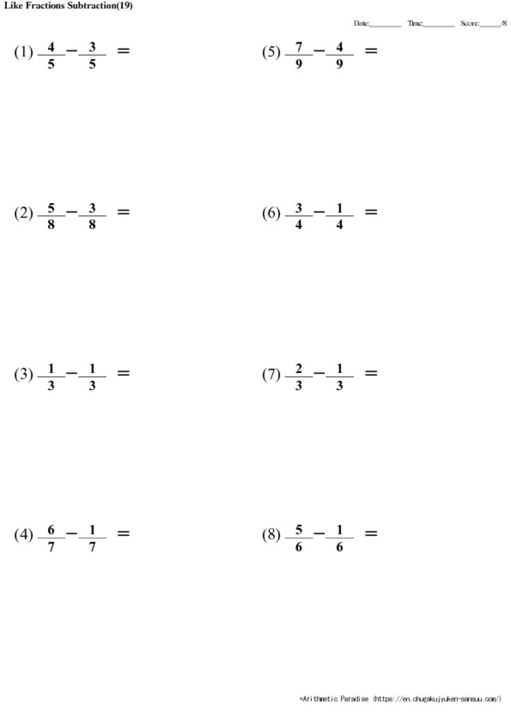 Like Fractions Subtraction Worksheets – free & printable | Arithmetic ...